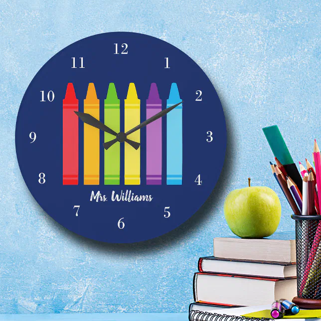 Cute Crayon Teacher Custom Classroom Large Clock | Zazzle