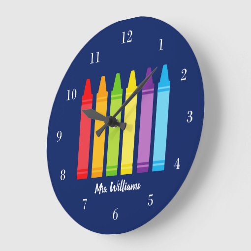 Cute Crayon Teacher Custom Classroom Large Clock | Zazzle