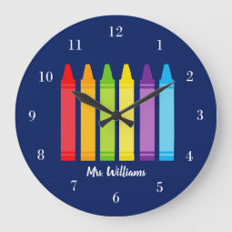 Cute Crayon Teacher Custom Classroom Large Clock | Zazzle
