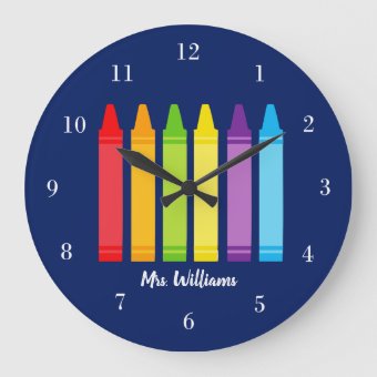 Cute Crayon Teacher Custom Classroom Large Clock | Zazzle
