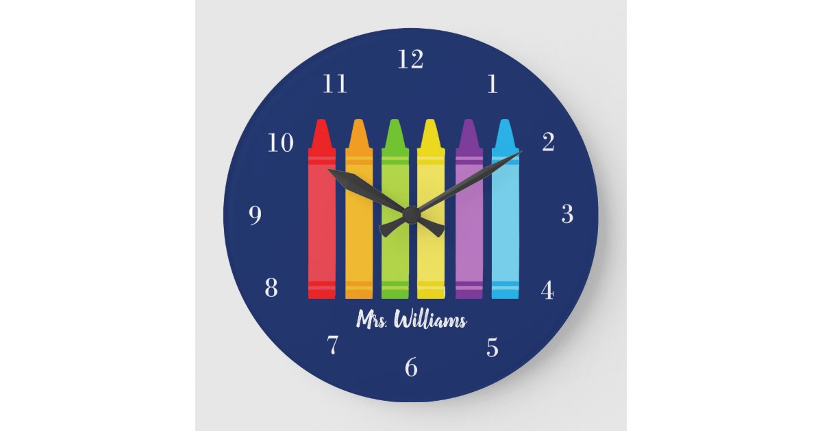 Cute Crayon Teacher Custom Classroom Large Clock | Zazzle