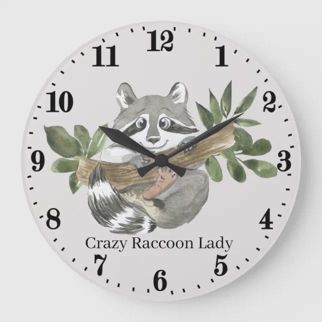 cute crazy raccoon lady add text large clock | Zazzle