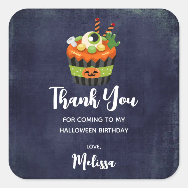 Cute & Creepy Halloween Cupcake Party Thank You Square Sticker | Zazzle