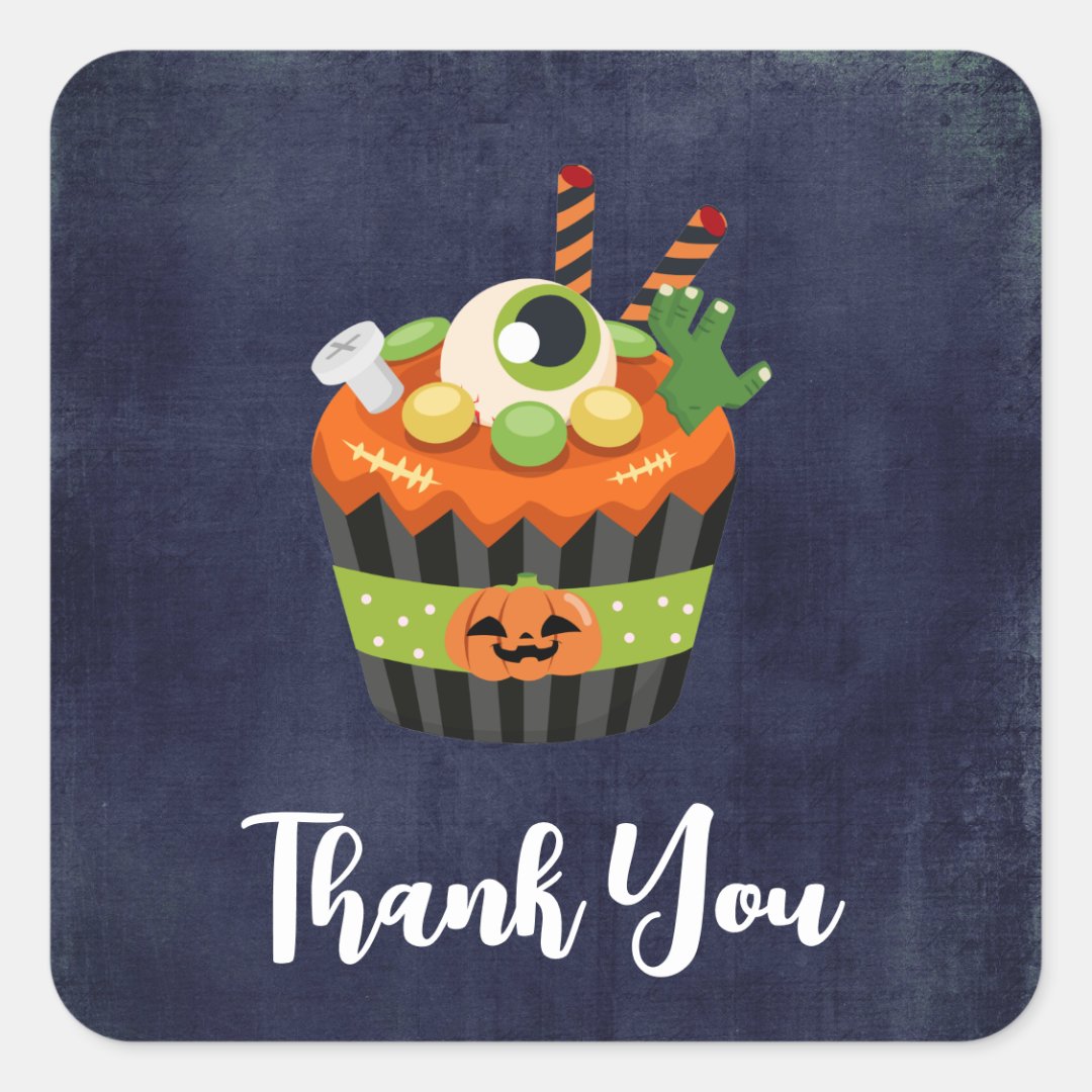 Cute & Creepy Halloween Cupcake Thank You Square Sticker | Zazzle