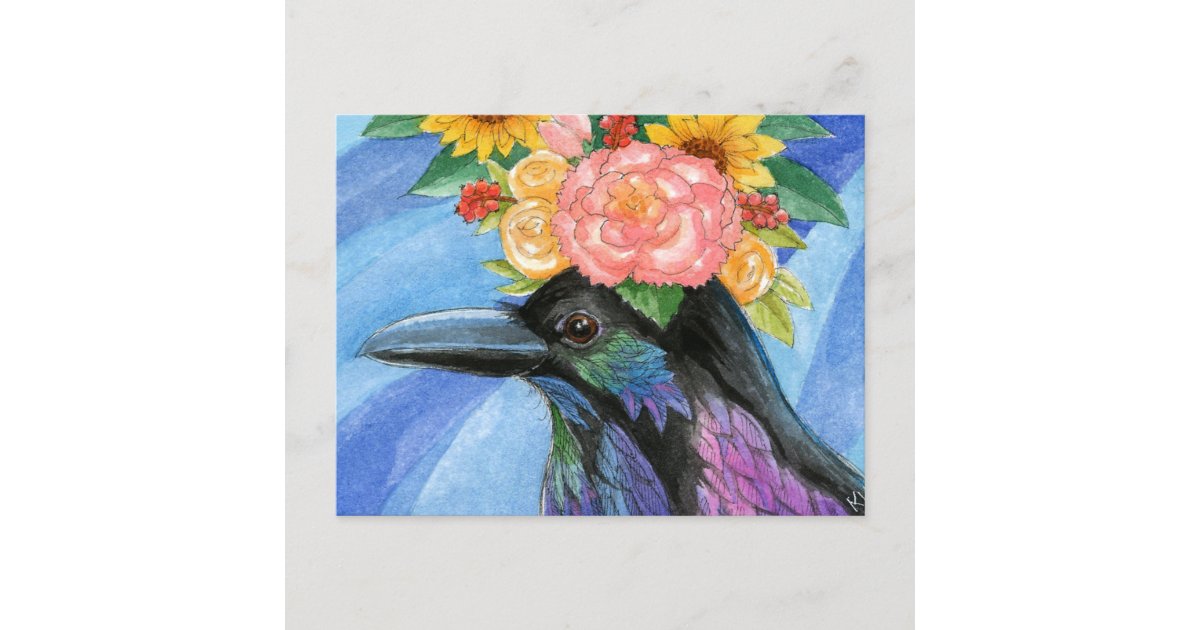 Cute crow wearing flower hat postcard | Zazzle