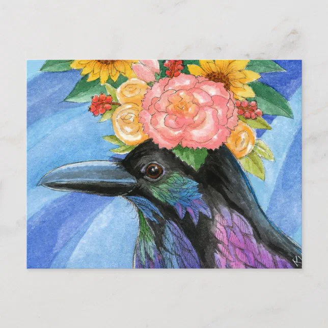 Cute crow wearing flower hat postcard | Zazzle