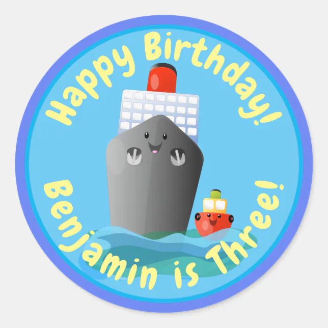 Cute cruise ship tug boat cartoon illustration classic round sticker ...