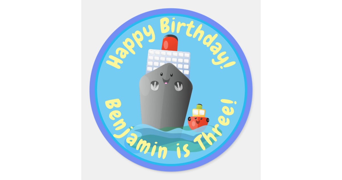 Cute cruise ship tug boat cartoon illustration classic round sticker ...