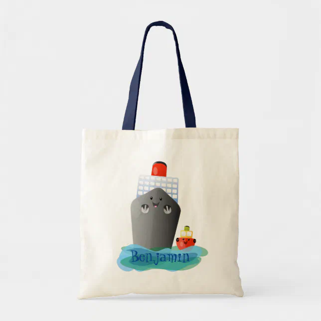 Cute cruise ship tug boat cartoon illustration tote bag | Zazzle