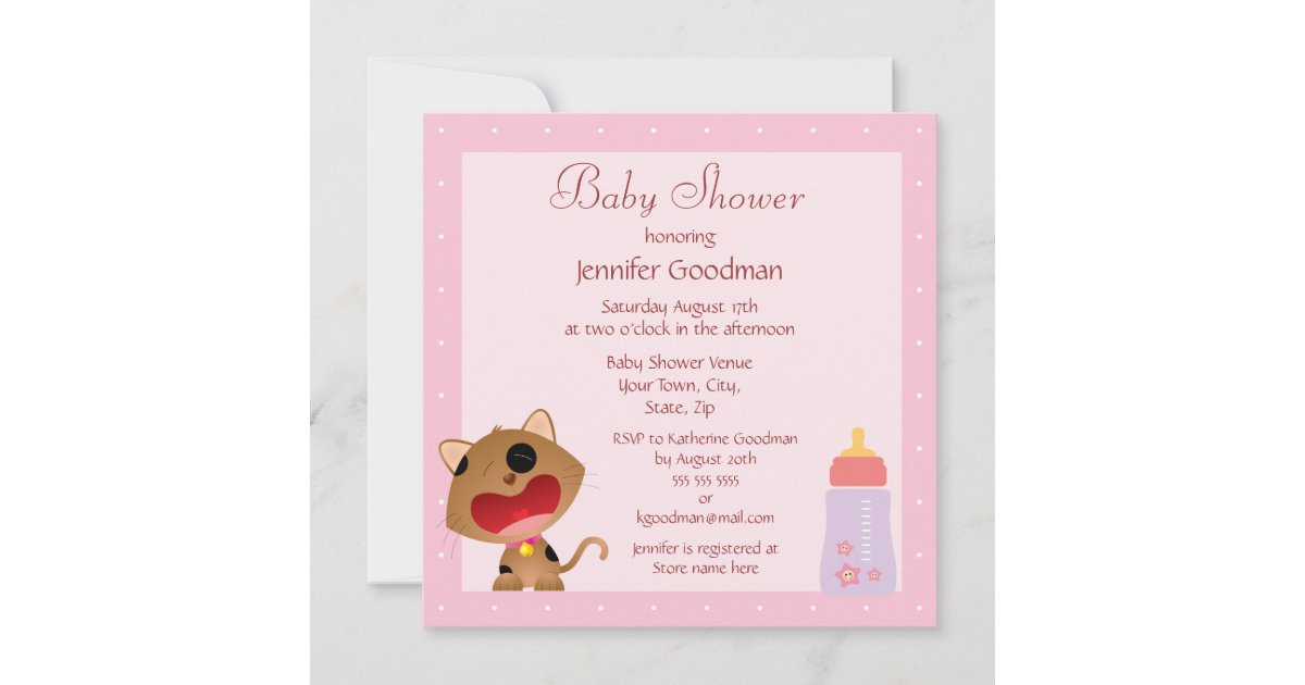 Cute Crying Kitten Pink Baby Shower Invitation | Zazzle
