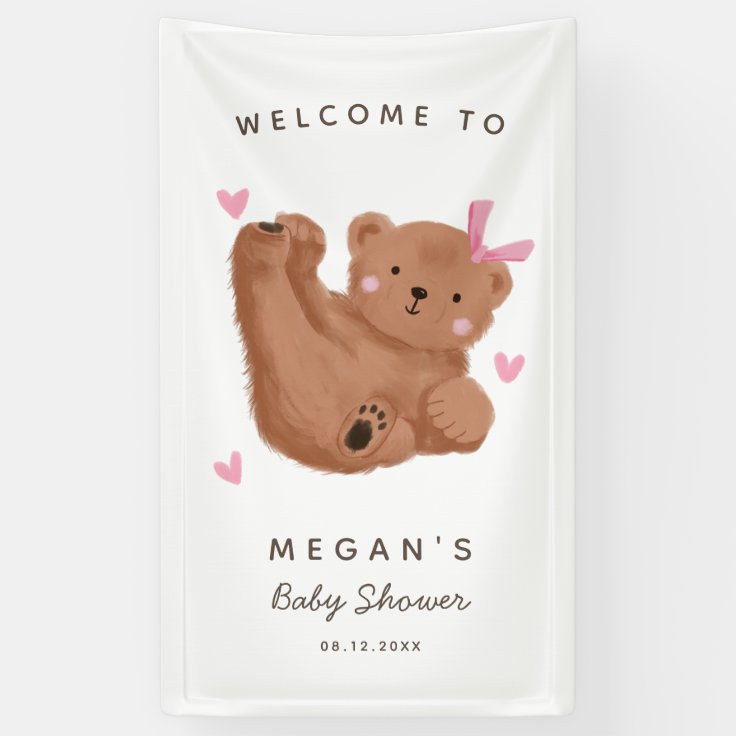 Cute Cub Bear Pink Baby Shower Welcome Banner | Zazzle