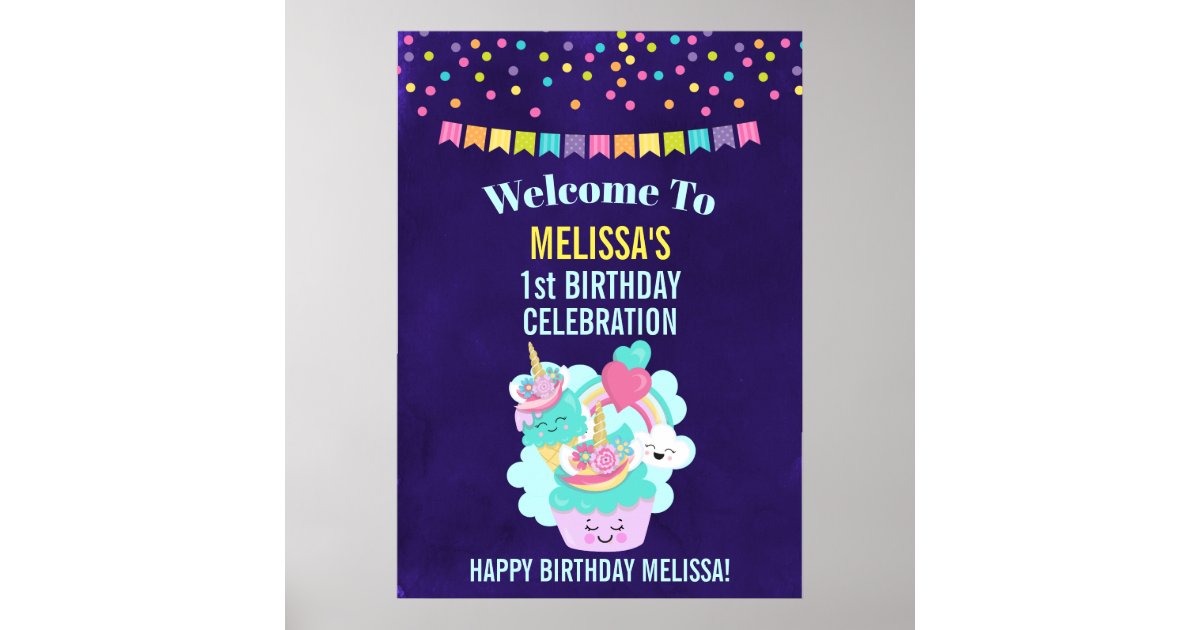 Cute Cupcake and Happy Ice Cream Birthday Poster | Zazzle