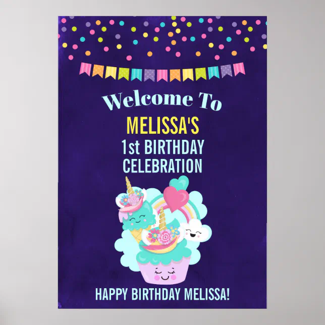 Cute Cupcake and Happy Ice Cream Birthday Poster | Zazzle