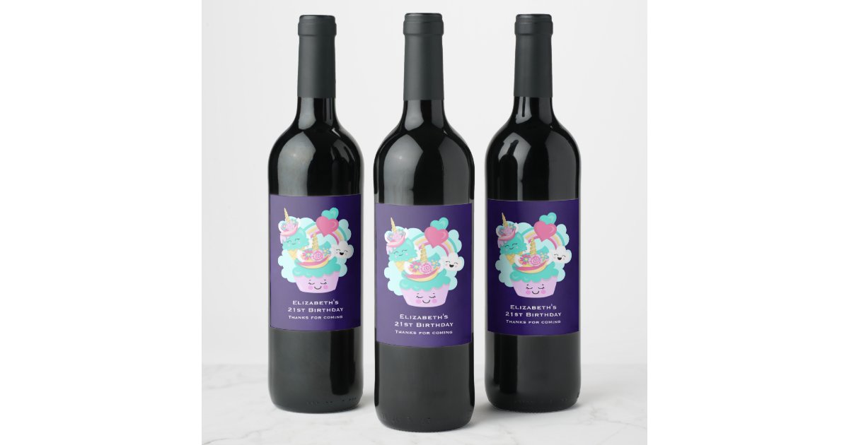 Cute Cupcake and Happy Ice Cream Birthday Wine Label | Zazzle