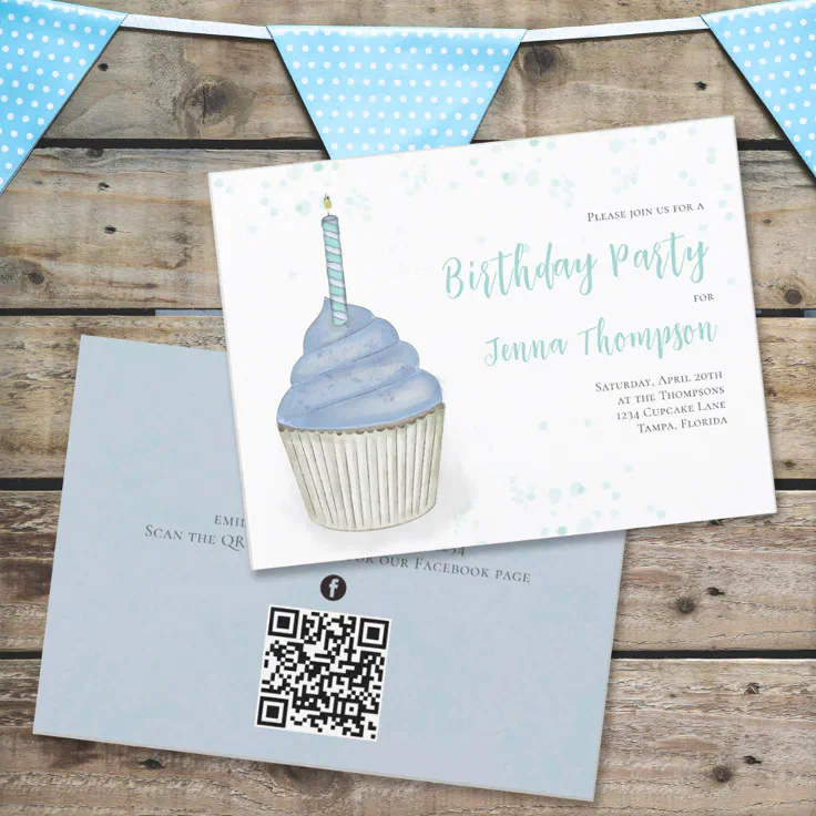 Cute Cupcake Blue QR Code Social Media Simple Invitation | Zazzle