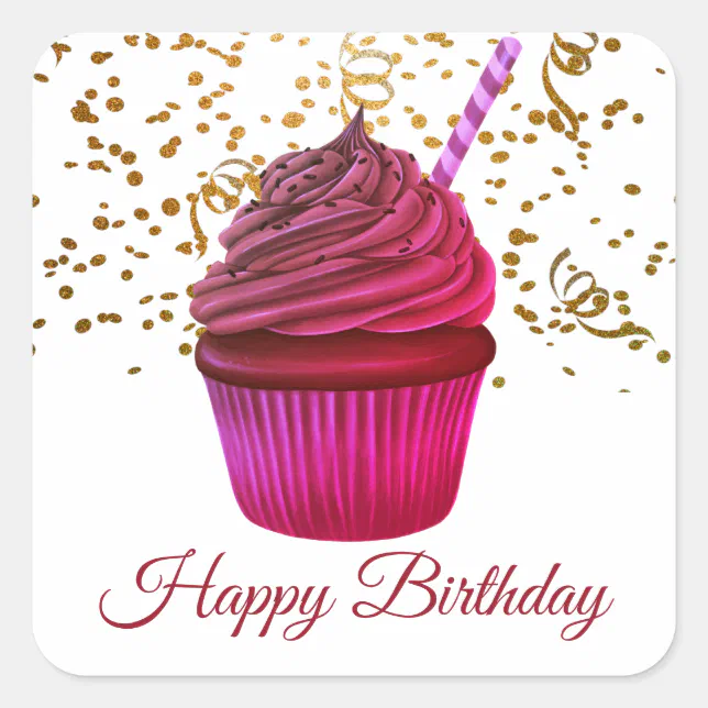 Cute Cupcake With Confetti Happy Birthday Square Sticker | Zazzle