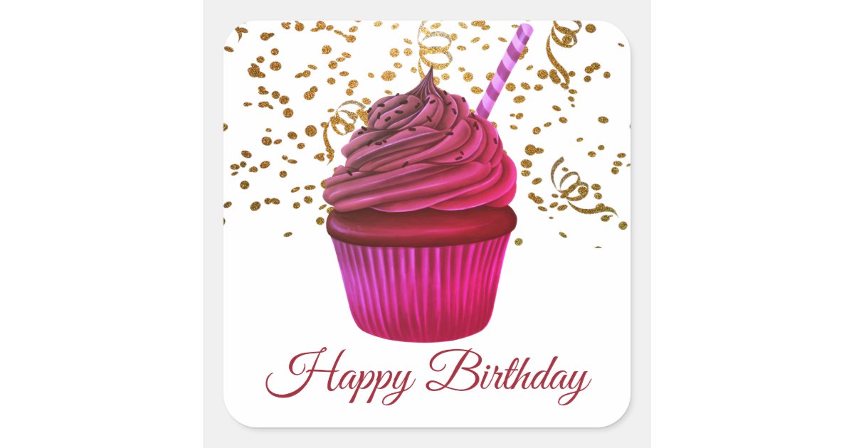 Cute Cupcake With Confetti Happy Birthday Square Sticker | Zazzle