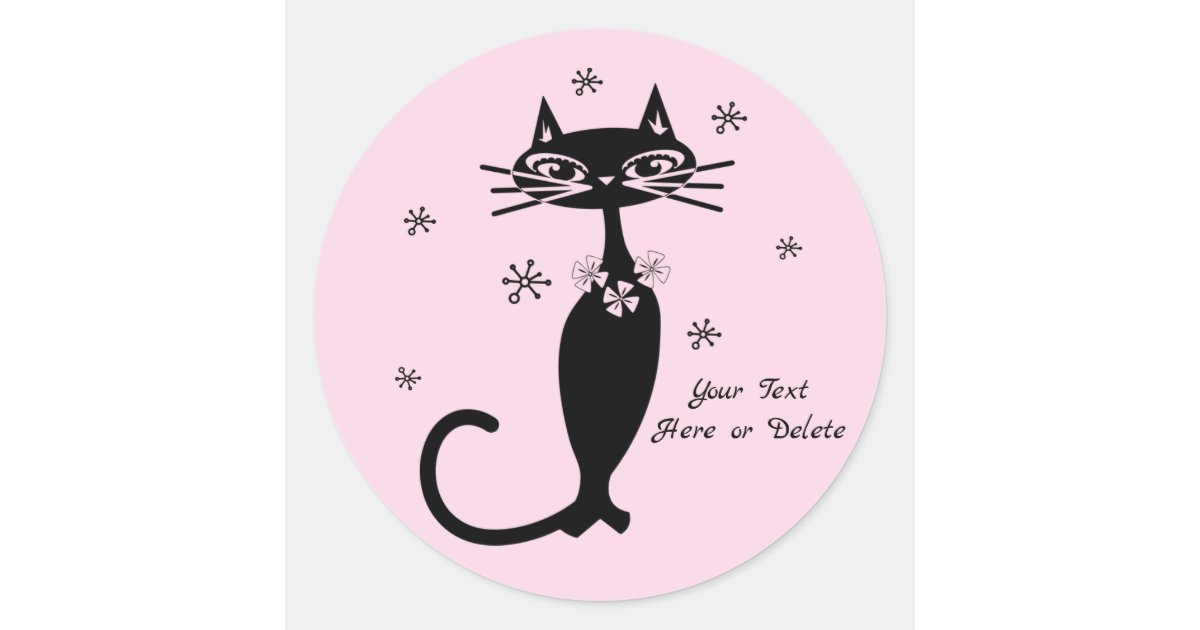 Cute Custom Color/Text Retro Mod Black Cat Pink Classic Round Sticker ...