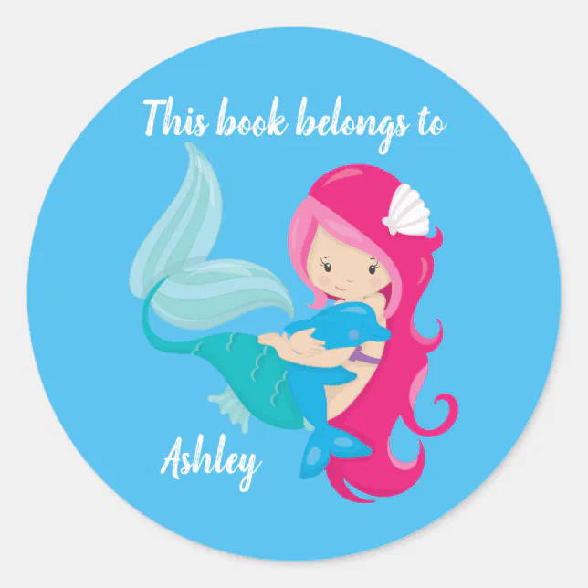 Cute Custom Mermaid Beach This Book Belongs To Classic Round Sticker ...