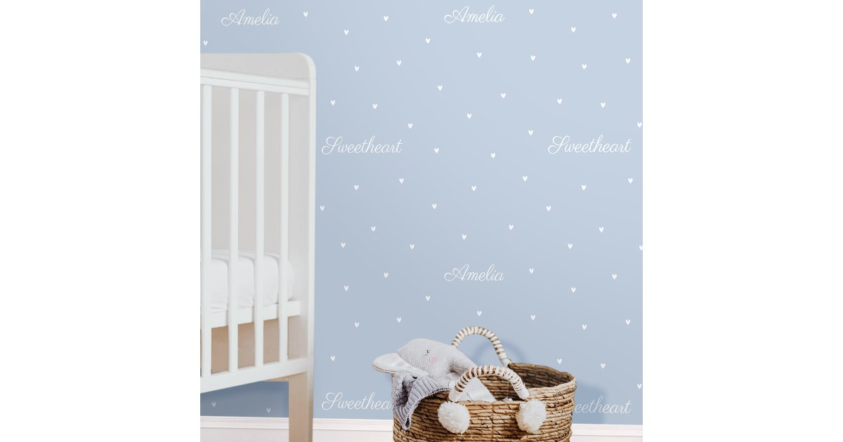 Cute Custom Name Words Heart Blue Kids Nursery Wallpaper | Zazzle