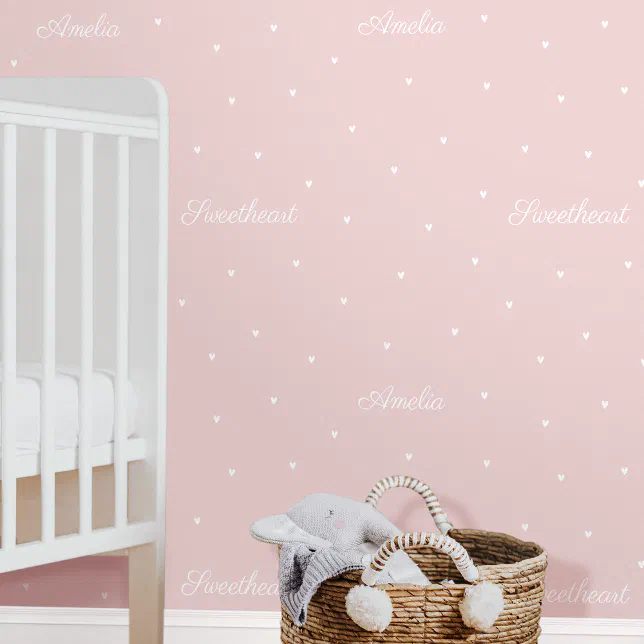 Cute Custom Name Words Heart Pink Kids Nursery Wallpaper | Zazzle
