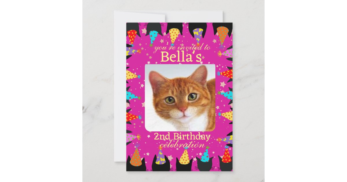 Cute Custom Photo Pink Cat Birthday Party Invitation | Zazzle