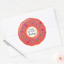 Cute Custom Pink Donut Decor | Happy Birthday Classic Round Sticker ...
