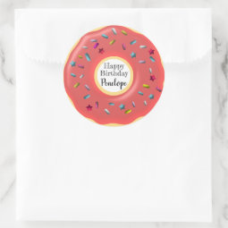 Cute Custom Pink Donut Decor | Happy Birthday Classic Round Sticker ...