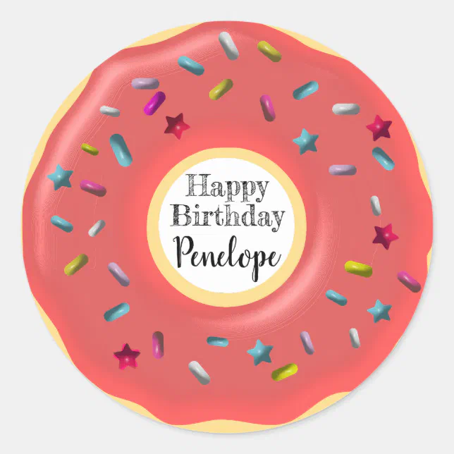 Cute Custom Pink Donut Decor | Happy Birthday Classic Round Sticker ...
