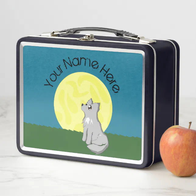 Cute Custom Scruffy Wolf with Moon Metal Lunch Box | Zazzle