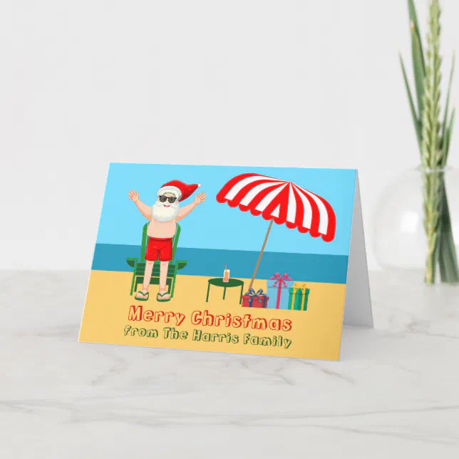 Cute Custom Sunny Beach Santa Claus Christmas Holiday Card | Zazzle