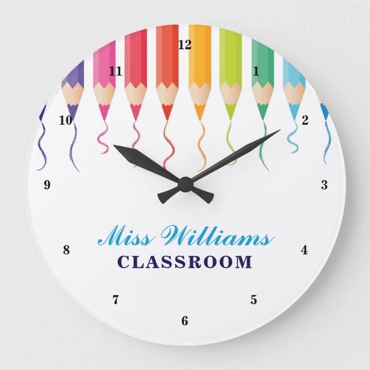 Cute Custom Teacher Rainbow Artistic Classroom Large Clock | Zazzle