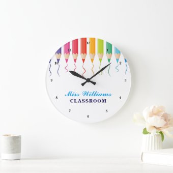 Cute Custom Teacher Rainbow Artistic Classroom Large Clock | Zazzle
