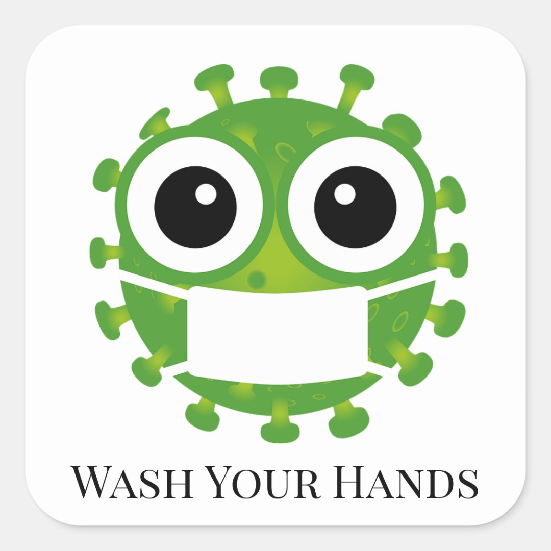 Cute Custom Text Green Virus Germ Emoji Wash Hands Square Sticker | Zazzle