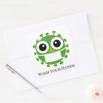 Cute Custom Text Green Virus Germ Emoji Wash Hands Square Sticker | Zazzle
