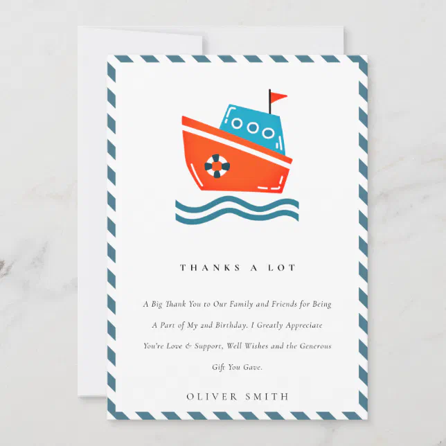 Cute Cute Kids Nautical Boat Any Age Birthday Thank You Card | Zazzle