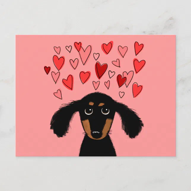 Cute Dachshund Cartoon Dog with Valentine Hearts Holiday Postcard | Zazzle