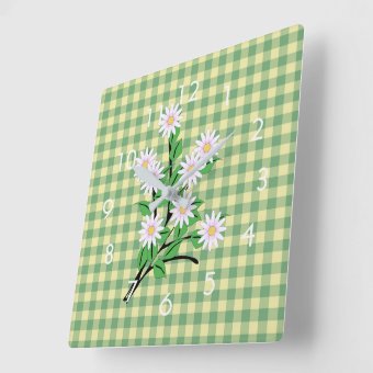 Cute Daisies on Green and Yellow Gingham Square Wall Clock | Zazzle