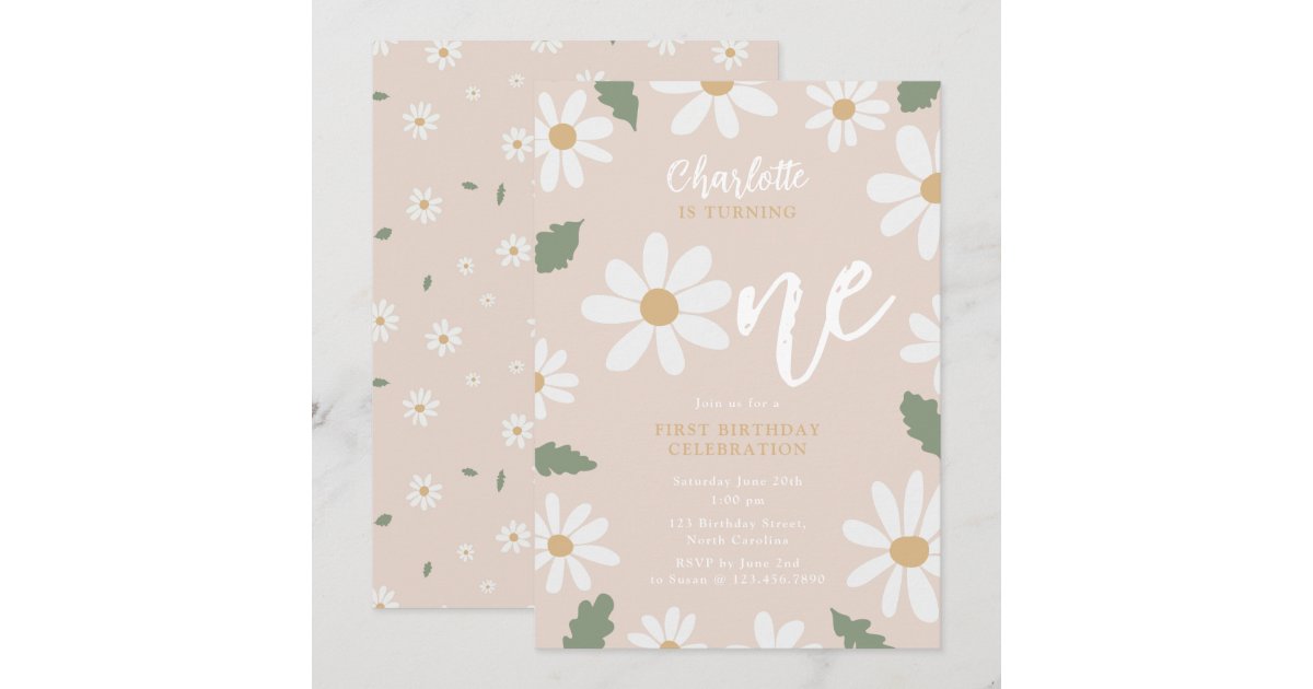 Cute Daisy Flower 1st Birthday Girl Pink Invitation | Zazzle
