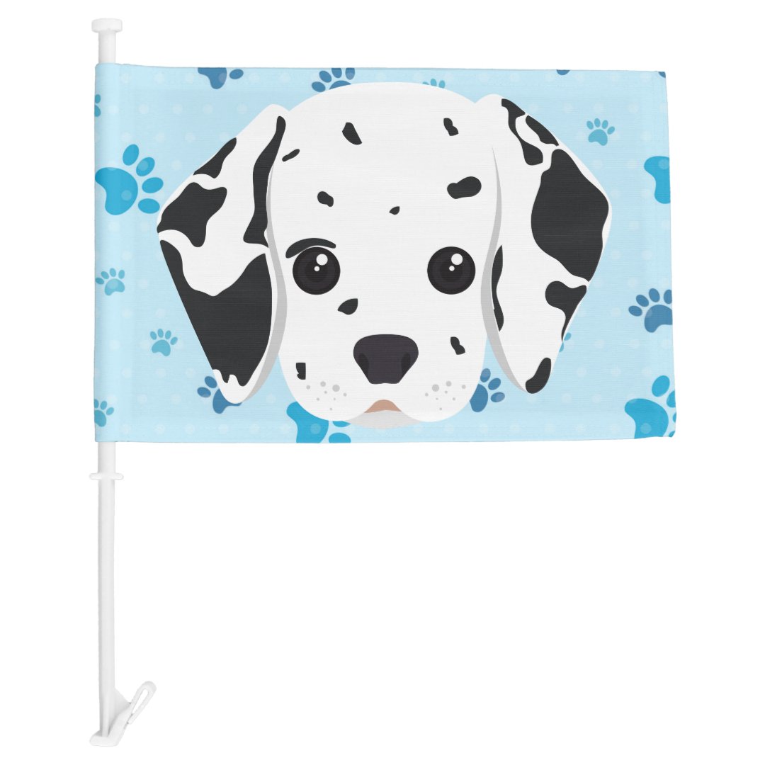 Cute Dalmatian Puppy Face Blue Paw Print Car Flag | Zazzle