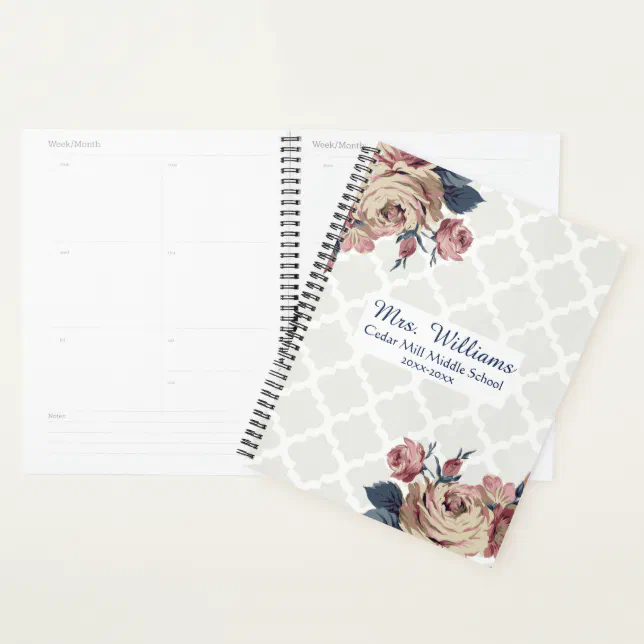 Cute Damask Floral Personalized Teacher Planner | Zazzle