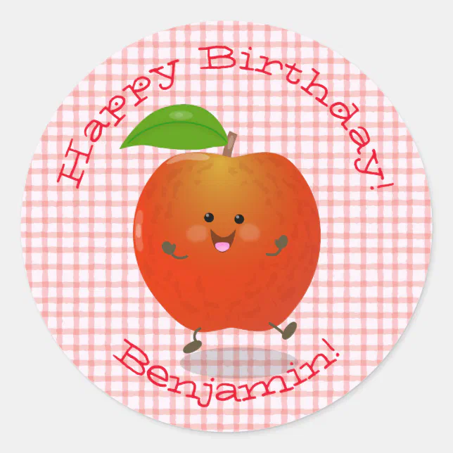 Cute dancing apple kawaii cartoon illustration classic round sticker ...