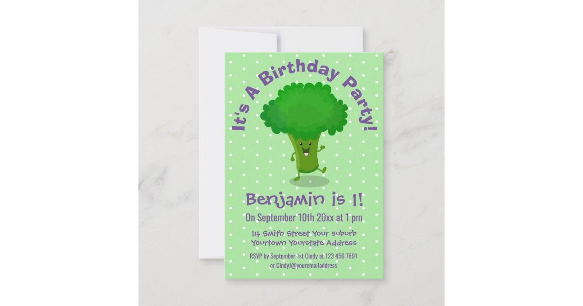 Cute dancing broccoli personalized birthday invitation | Zazzle