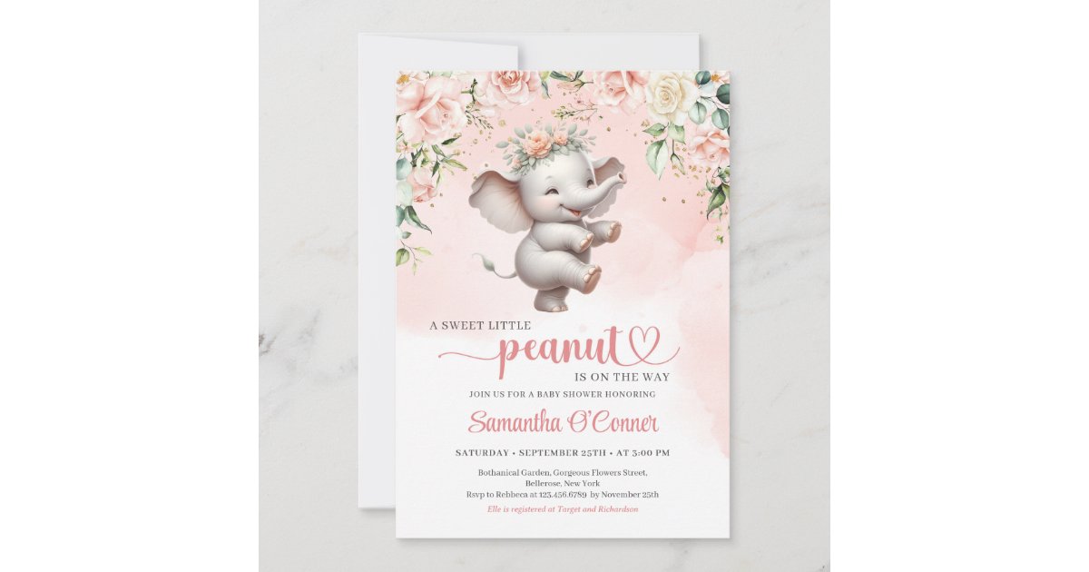 Cute dancing elephant boho blush pink floral girl invitation | Zazzle
