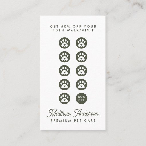Cute Dark Green Heart Paw Pet Sitter Dog Walker Loyalty Card | Zazzle