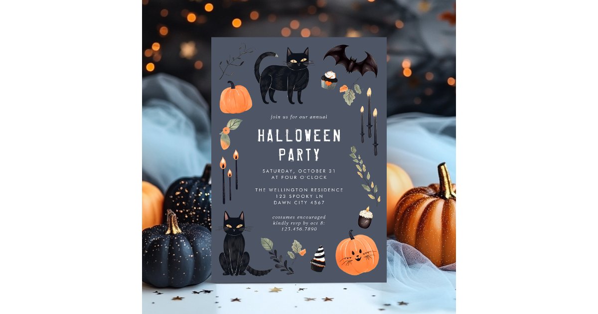 Cute Dark Halloween Cat Bat Pumpkin Party Invitation | Zazzle