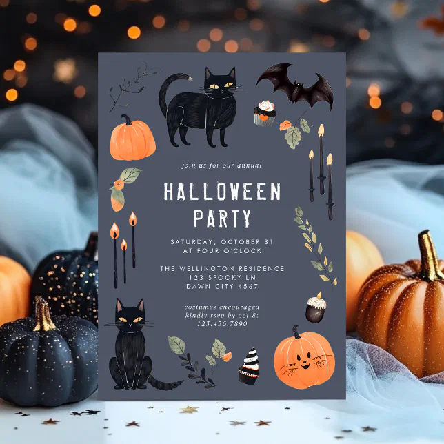 Cute Dark Halloween Cat Bat Pumpkin Party Invitation | Zazzle