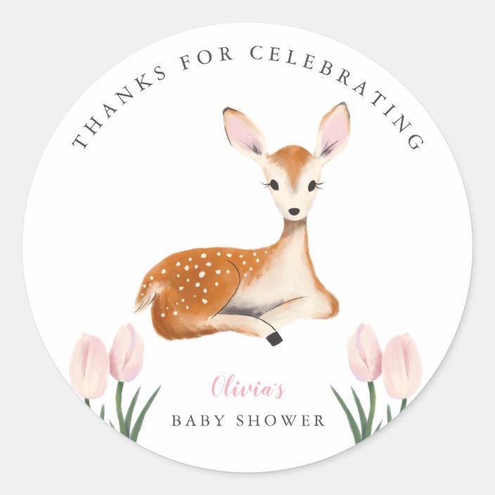 Cute Deer Pink Floral Baby Shower Classic Round Sticker | Zazzle.com