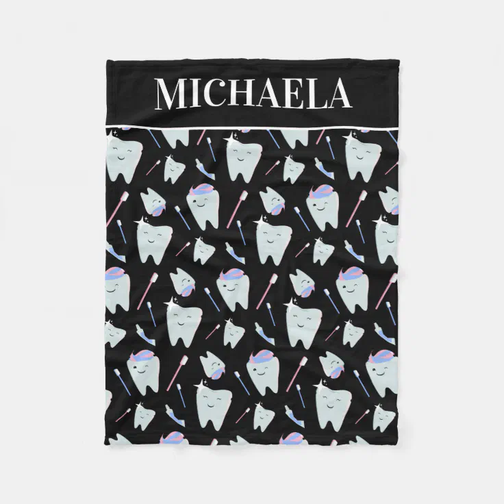 Cute Dentist Dental Hygienist Tooth Pattern Black Fleece Blanket | Zazzle