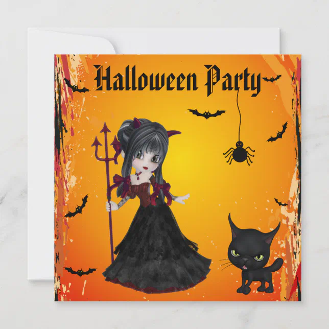Cute Devil Girl, Pitchfork & Cat Halloween Invitation | Zazzle